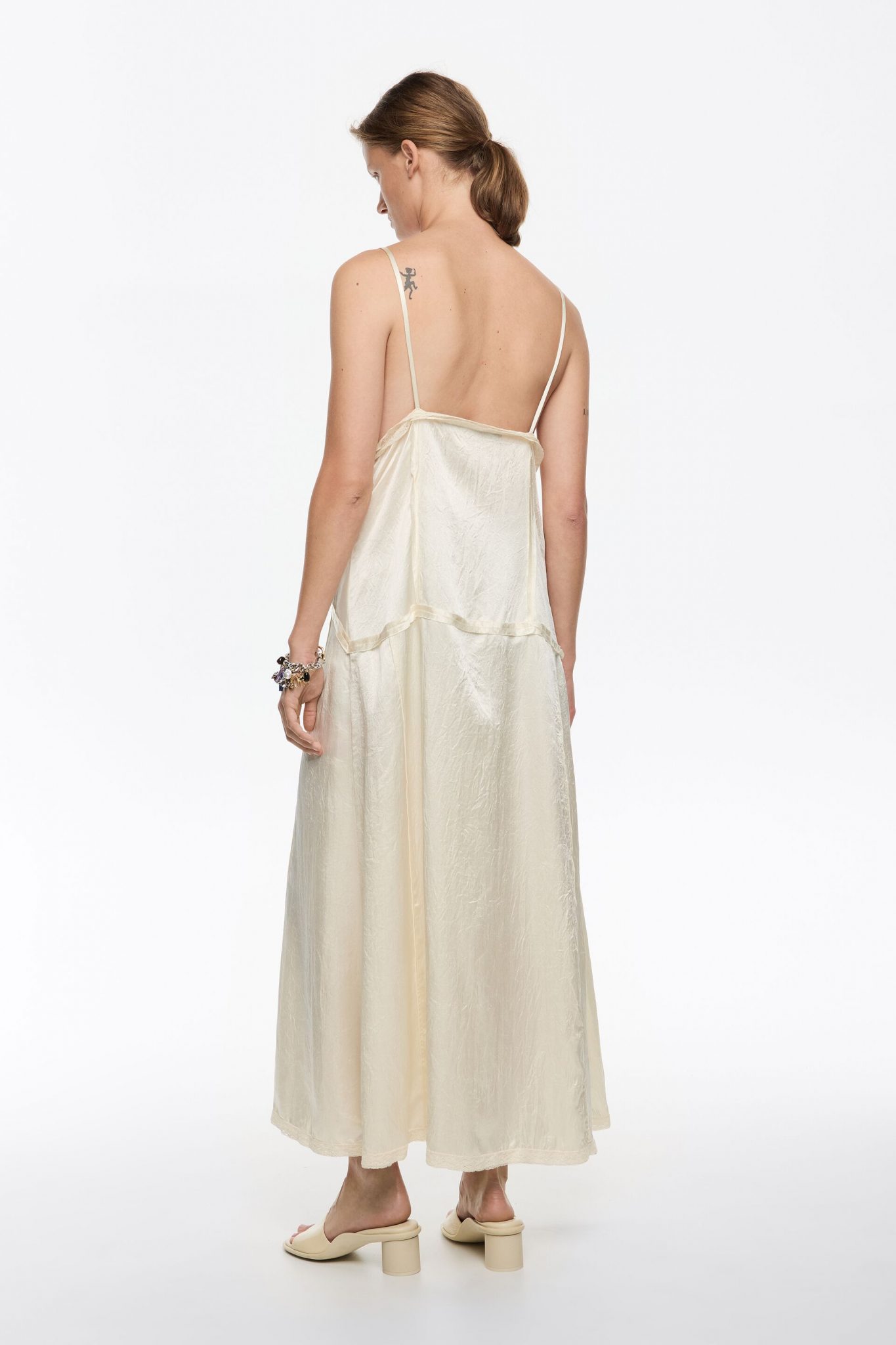 Beige Mixed‑Fabric Straight Cut Lace Detail Midi Dress – PHULJADI
